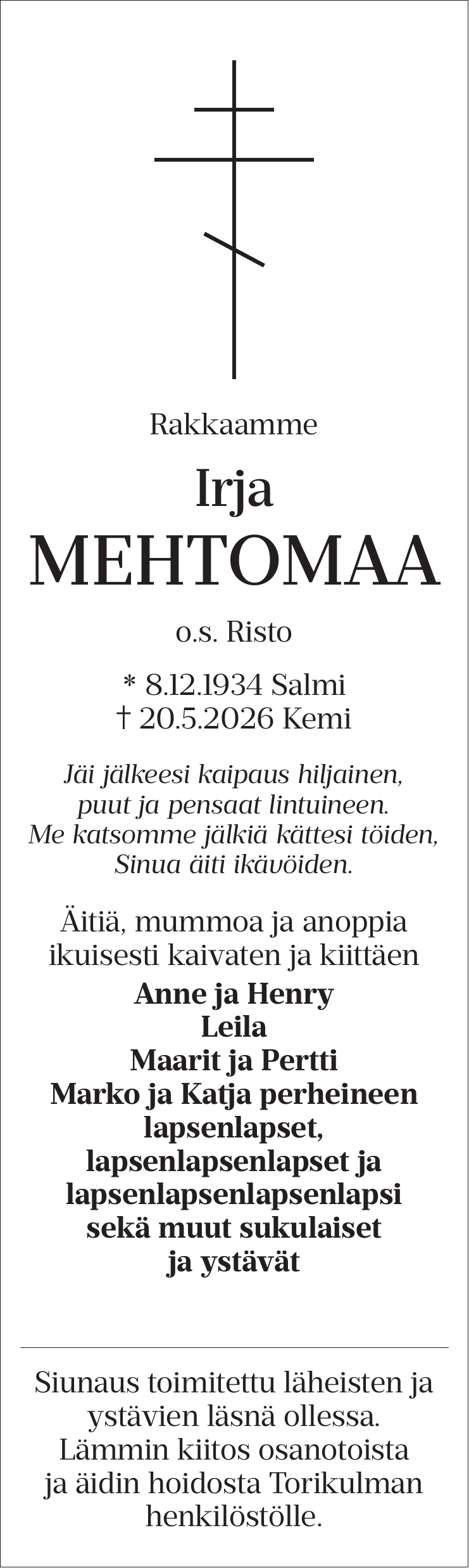 Kuolinilmoitukset Lounais-Lapissa 24.6.2026 | Lapin Kansa