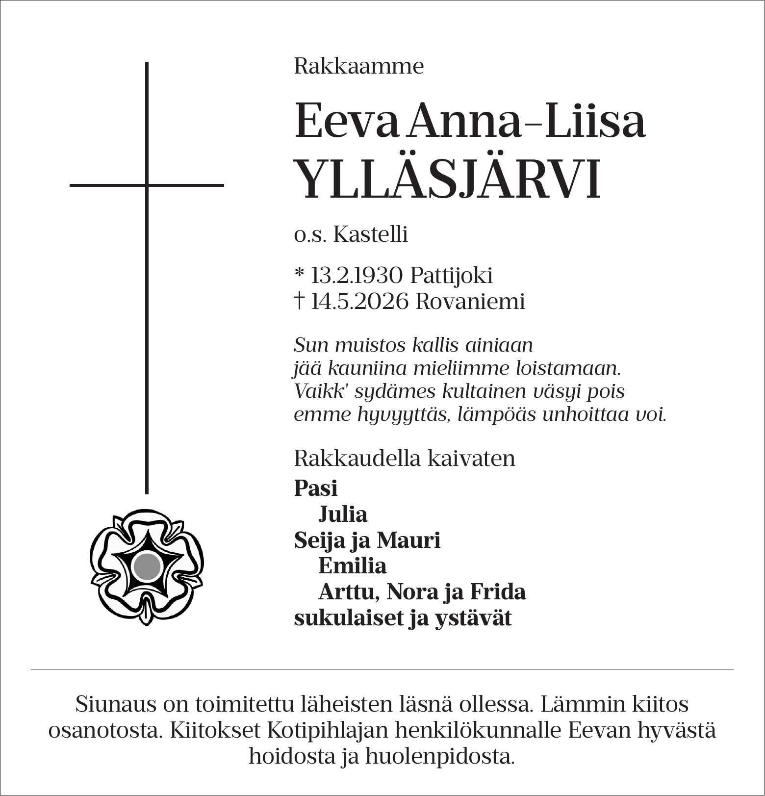 Kuolinilmoitukset Lapin Kansassa 15.–21.6.2026 | Lapin Kansa