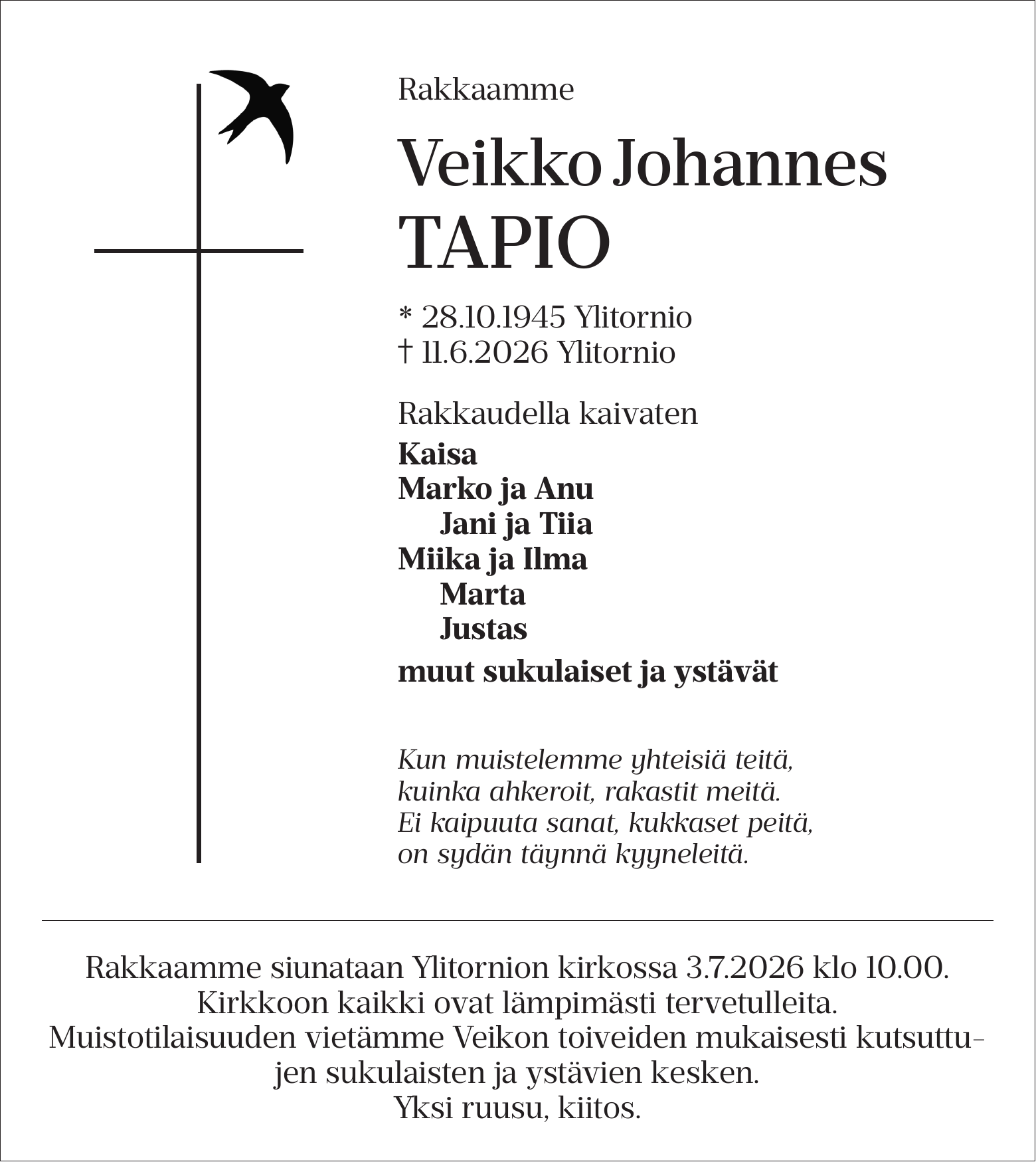 Kuolinilmoitukset Lounais-Lapissa 24.6.2026 | Lapin Kansa