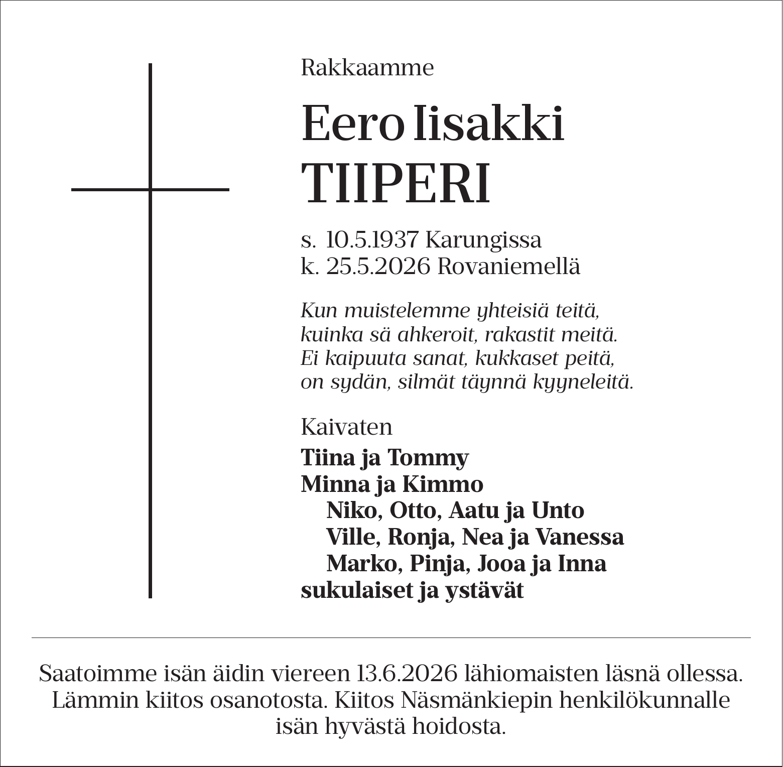 Kuolinilmoitukset Lapin Kansassa 15.–21.6.2026 | Lapin Kansa