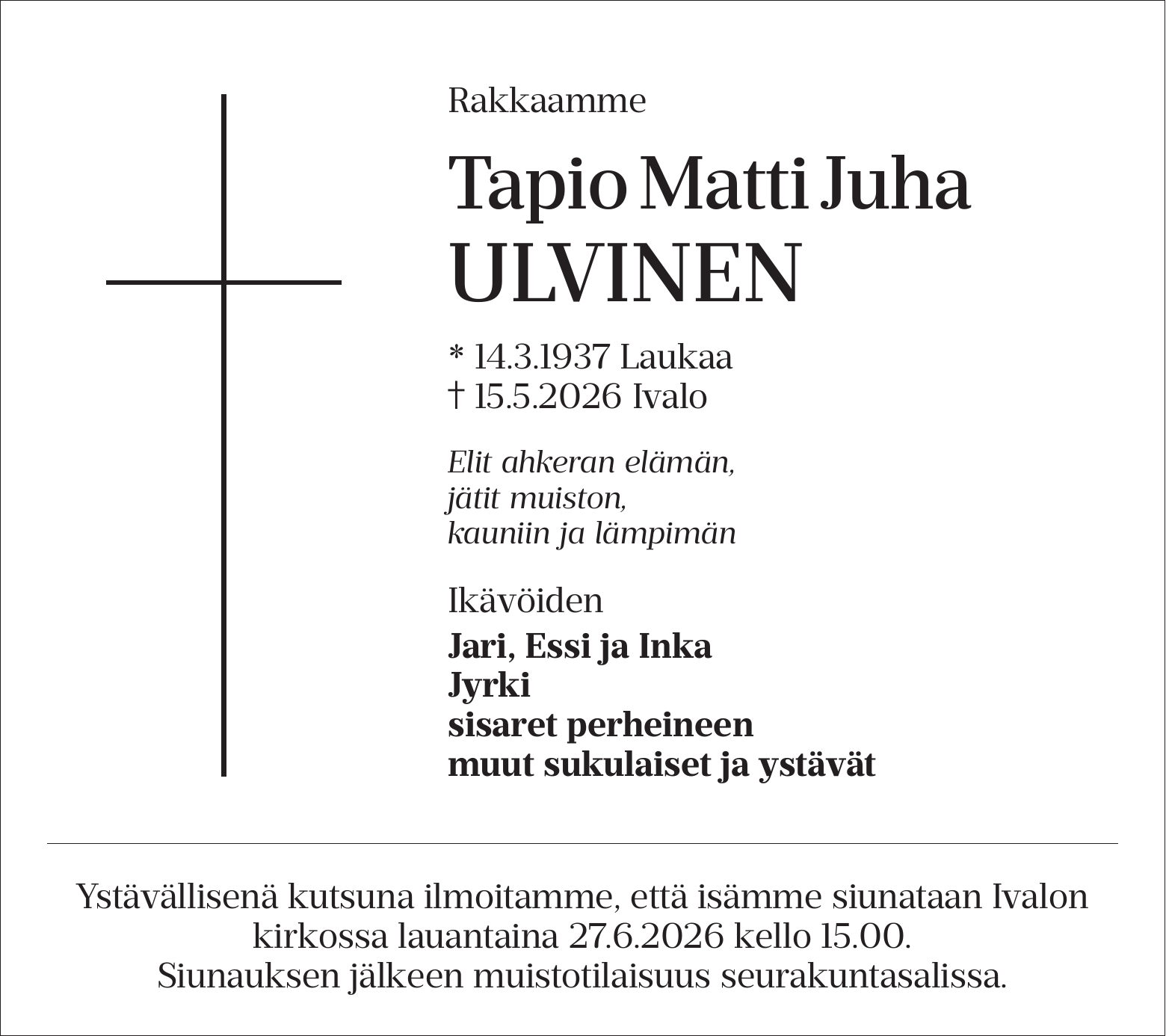 Kuolinilmoitukset Lapin Kansassa 15.–21.6.2026 | Lapin Kansa