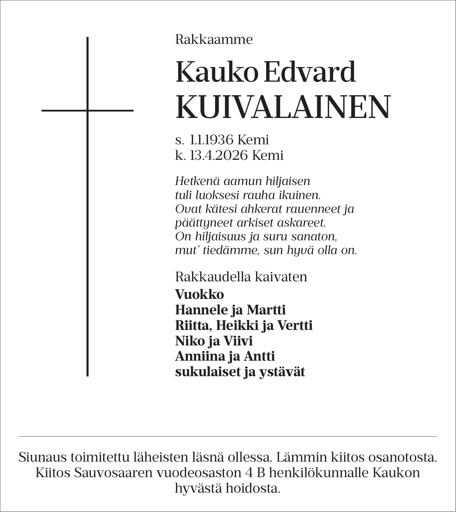 Kuolinilmoitukset Lounais-Lapissa 13.5.2026 | Lapin Kansa